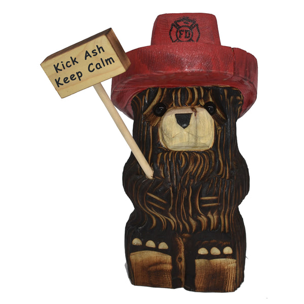 Wood Carved Firefighter Bear with Sign - Forests, Tides, and Treasures