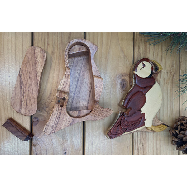 Puffin Intarsia Wood Puzzle Box - Forests, Tides, and Treasures